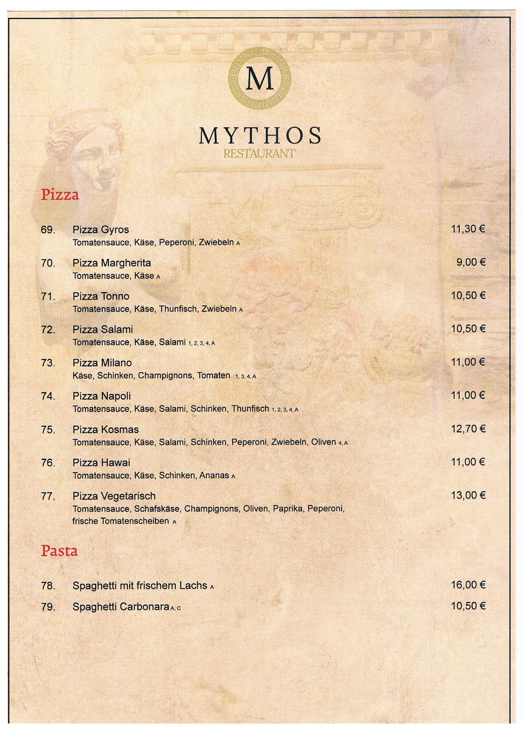 Restaurant Mythos - Speisekarte